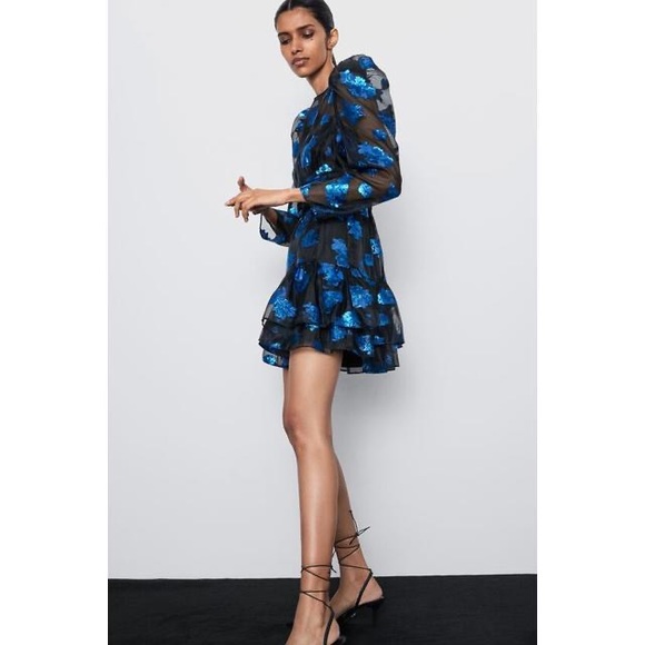 Zara | Dresses | Zara Organza Dress Black With Blue Flowers | Poshmark